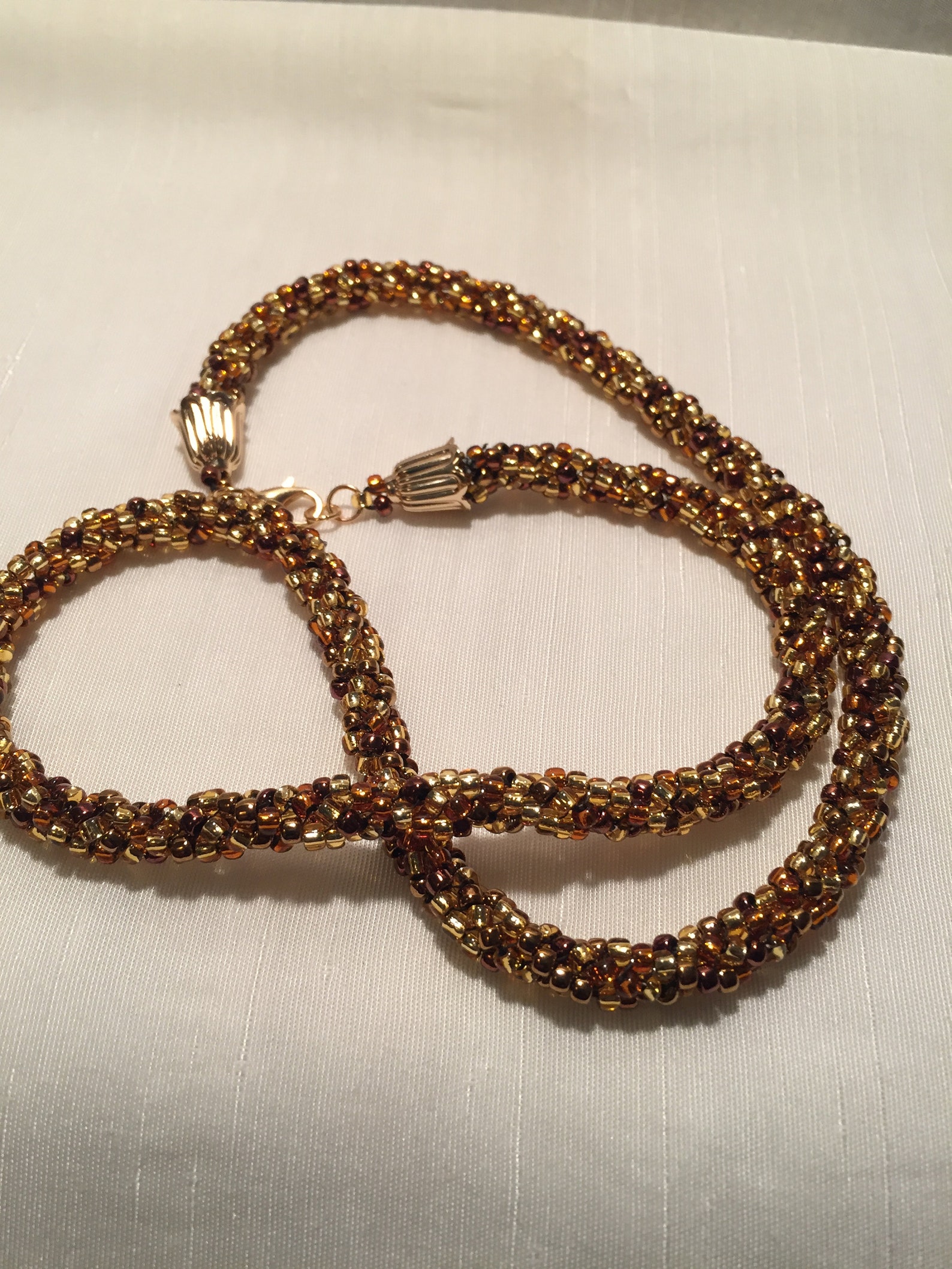 Beaded Rope Necklace Made With Light and Dark Gold Seed Beads and Gold ...