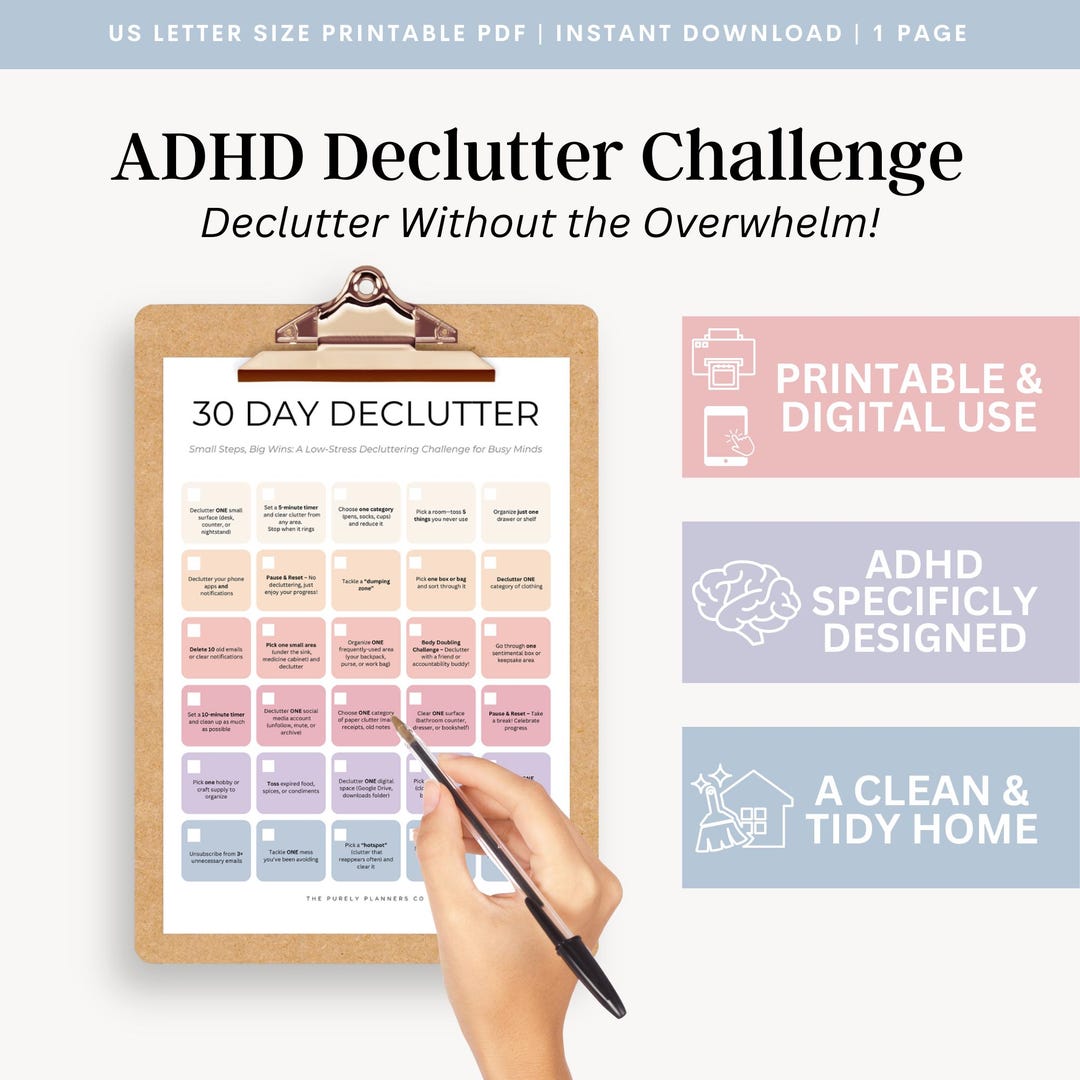 ADHD 30 Day Declutter Challenge Declutter Challenge Printable Declutter Challenge Declutter ...