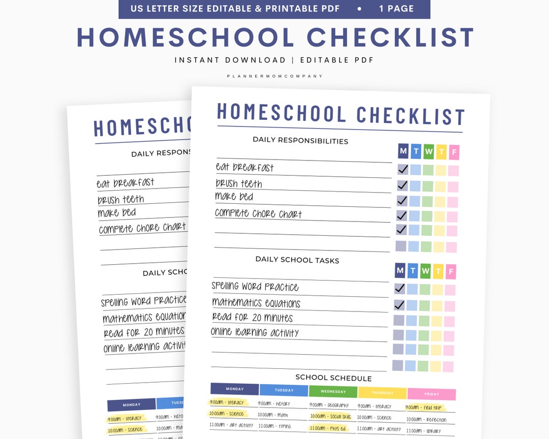 Homeschool Checklist, Editable Homeschool Planner, Daily Schedule for ...