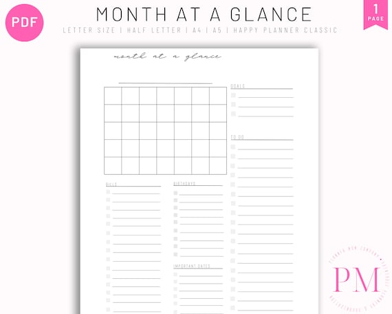 Month at a Glance Planner Printable Template One Page Monthly | Etsy