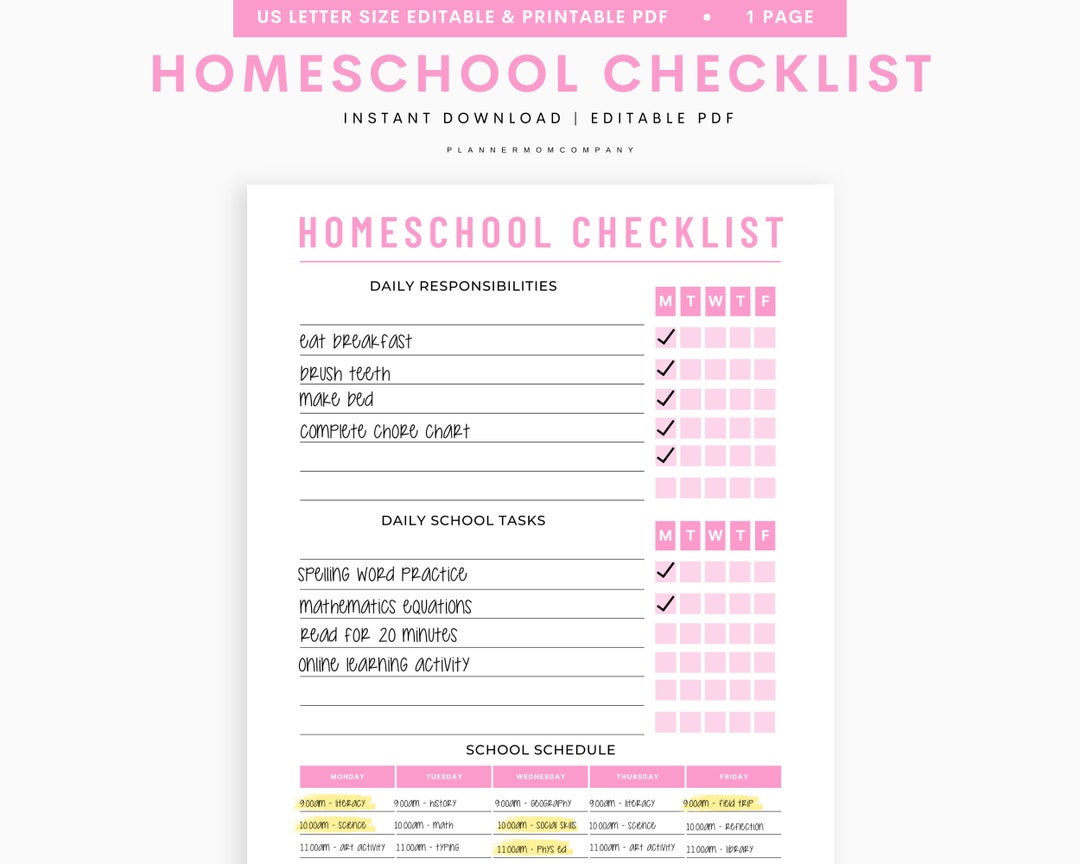 Homeschool Checklist Editable Homeschool Planner Daily - Etsy