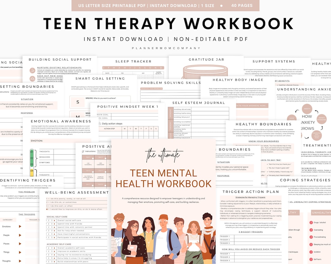 Teen Therapy Worksheets, Journal Prompts for Mental Health, Printable ...