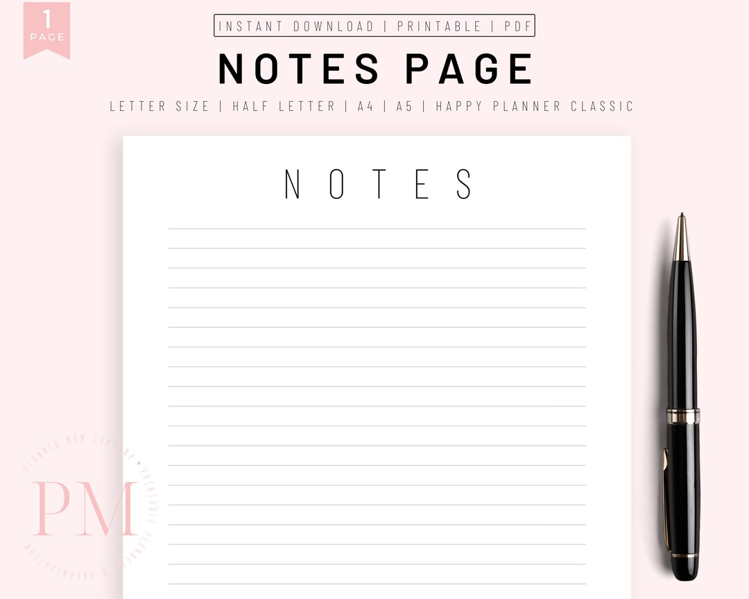 Notes Page Printable, Lined Note Paper, Notes Page Planner, Printable ...