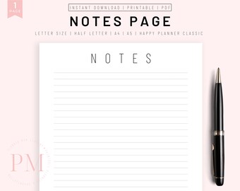 Notes Page Printable, Lined Note Paper, Notes Page Planner, Printable ...