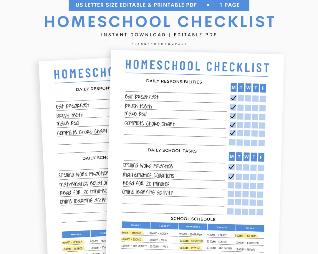 Homeschool Checklist, Editable Homeschool Planner, Daily Schedule for ...