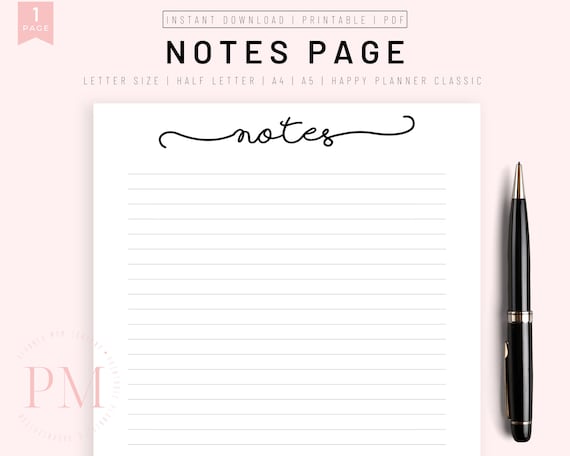 Notes Page Printable Lined Note Paper Notes Page Planner - Etsy