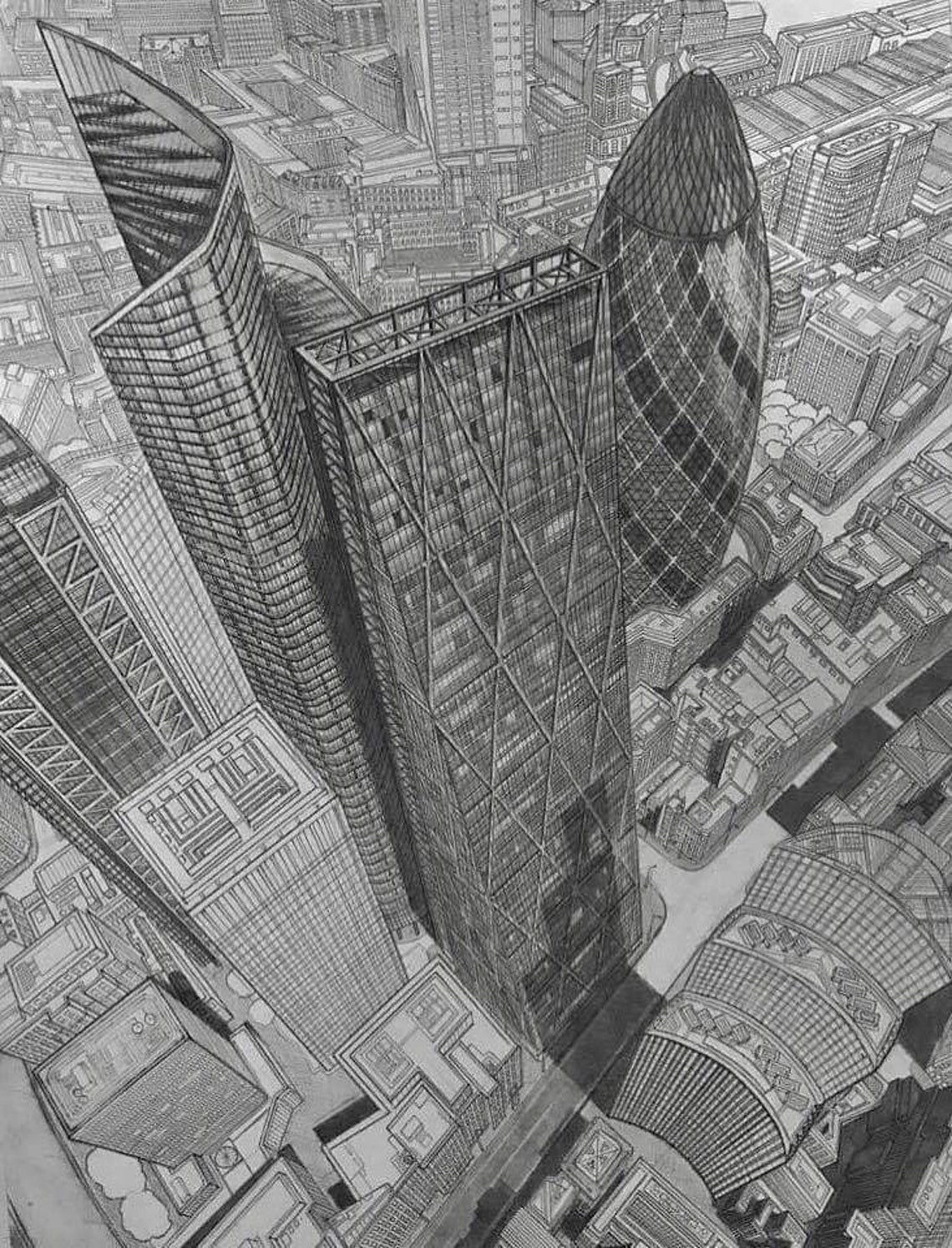 Pencil Drawing of London City Skyscrapers. 30 St Mary Ex, Leadenhall ...