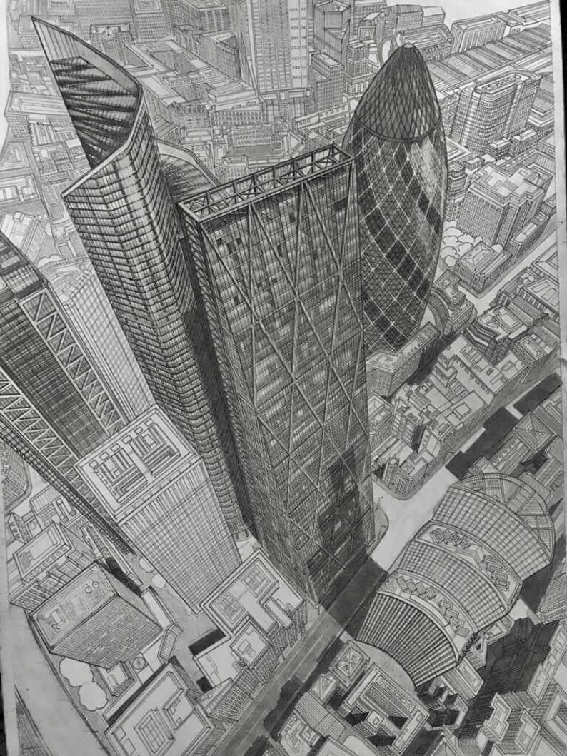 Pencil Drawing of London City Skyscrapers. 30 St Mary Ex, Leadenhall ...
