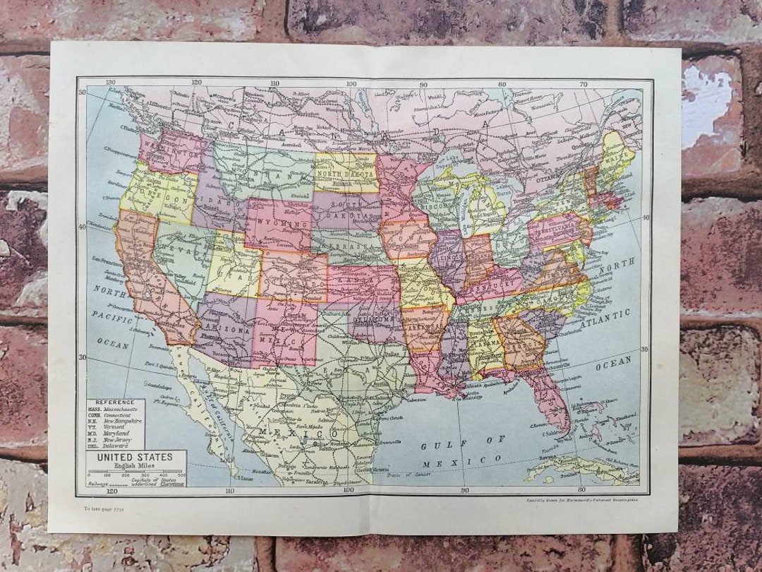Antique 1910 Map of the United States of America Book Print Picture ...