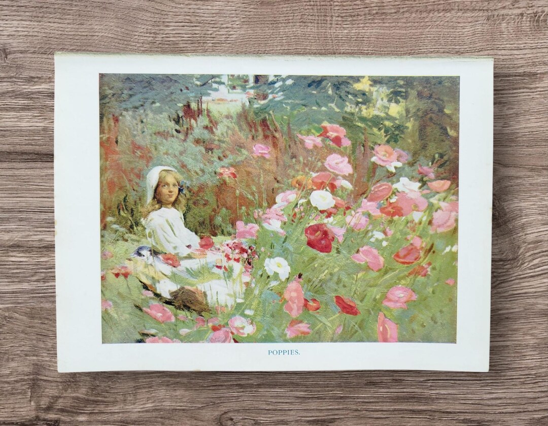Original Antique 1915 Edwardian Little Girl Children in the Poppy Field ...
