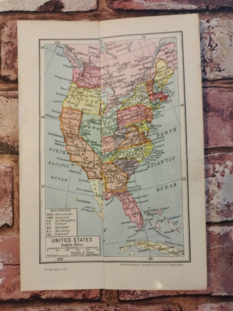 Antique 1910 Map of the United States of America Book Print Lithograph ...