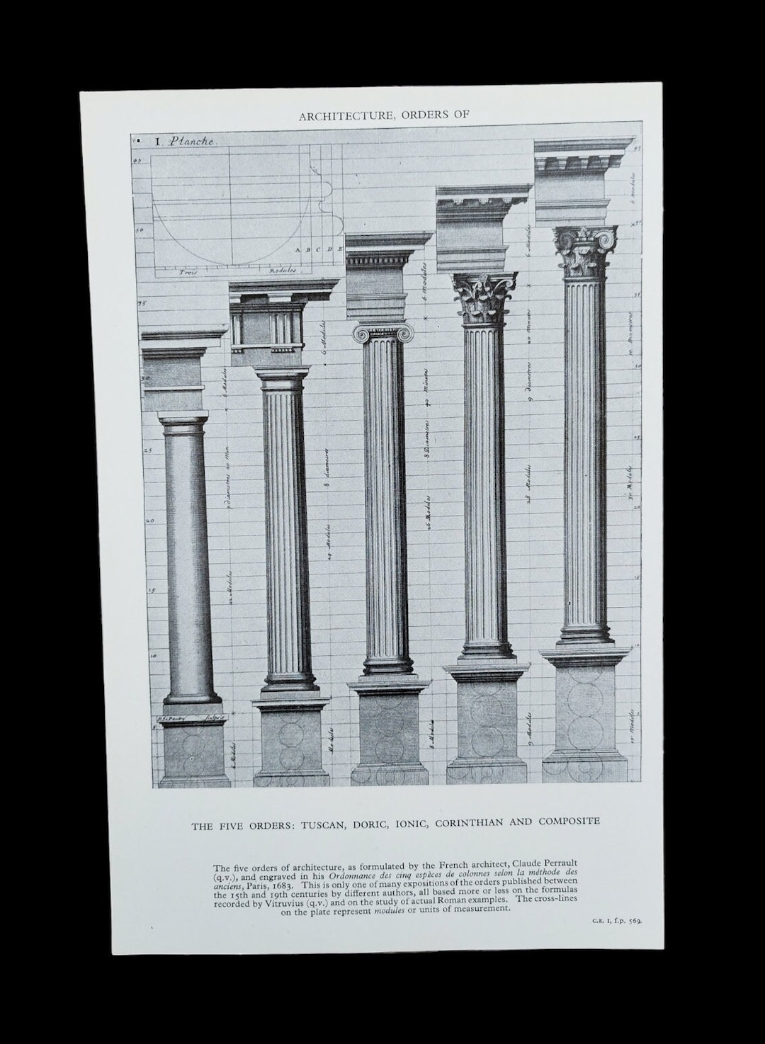 Vintage 1950s the Five Orders of Architecture Book Print Lithograph Picture Tuscan Doric Ionic ...