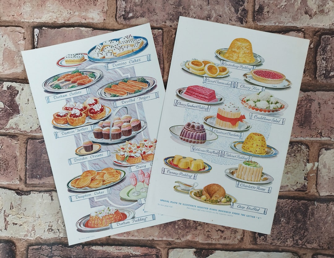 Pair of Original Vintage 1930s Cookery Recipes Book Page Illustration ...