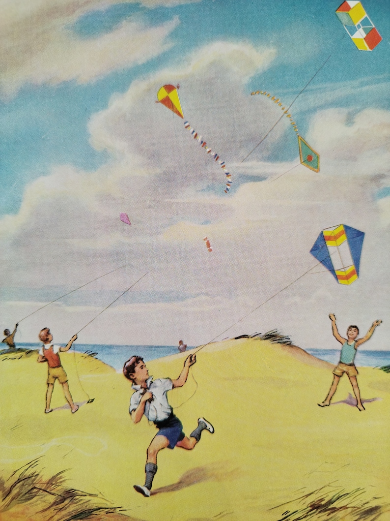 Genuine Vintage 1950s Boys Flying Kites Book Page Illustration Print ...