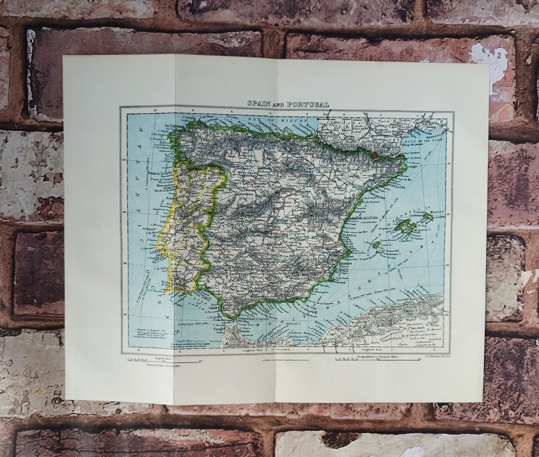 Antique 1890 Map of Spain and Portugal Book Print Lithograph , Antique ...
