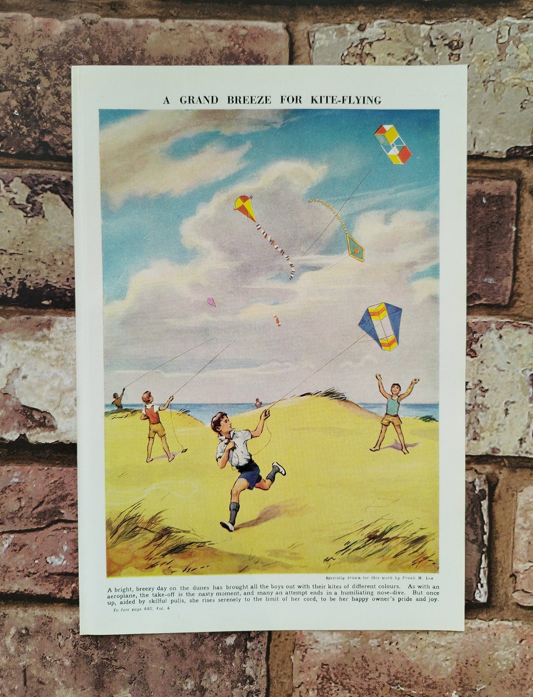 Genuine Vintage 1950s Boys Flying Kites Book Page Illustration Print ...