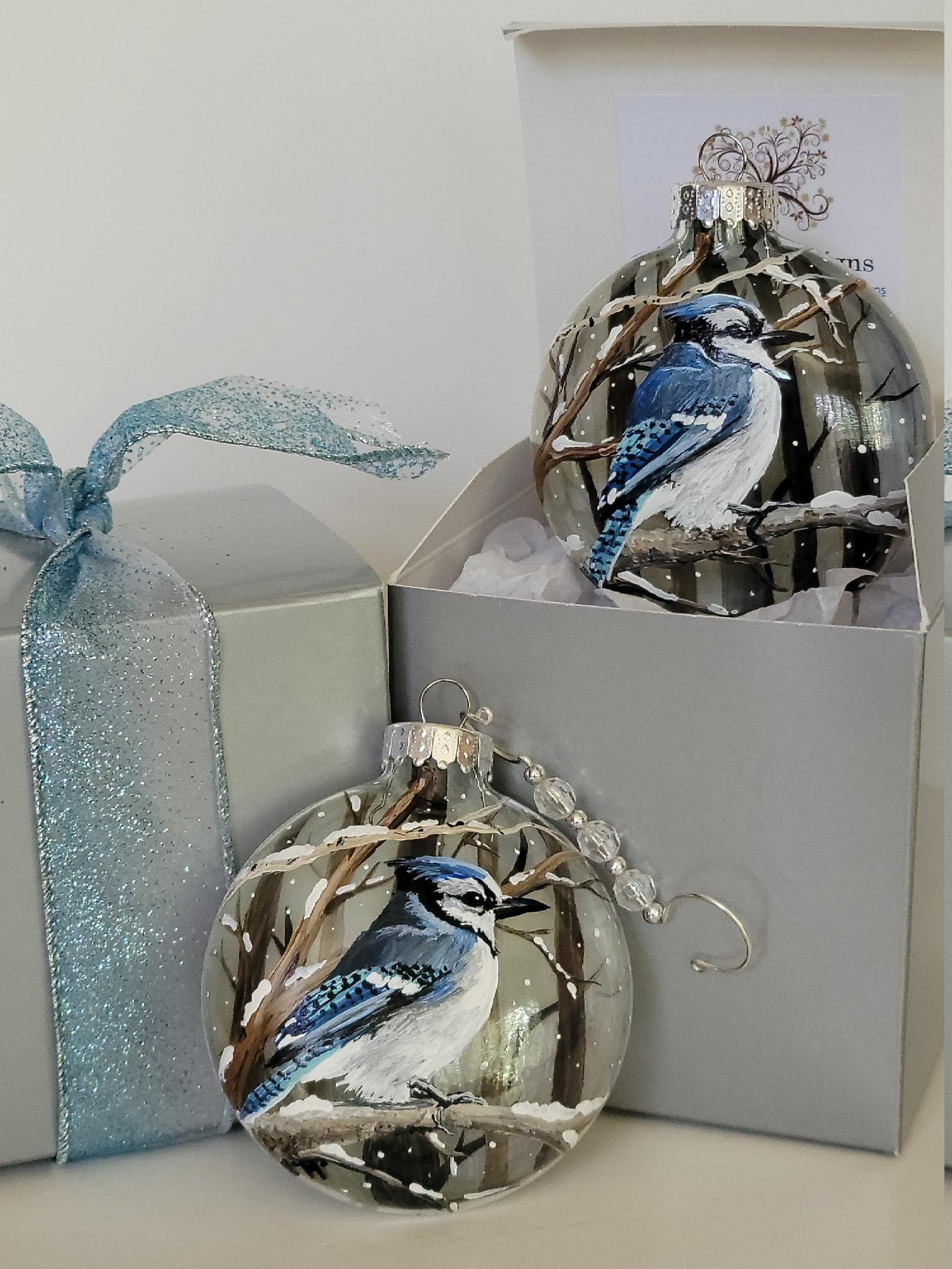 Hand Painted Blue Jay Christmas Ornament: 3D Winter Scene, Glass Disc ...