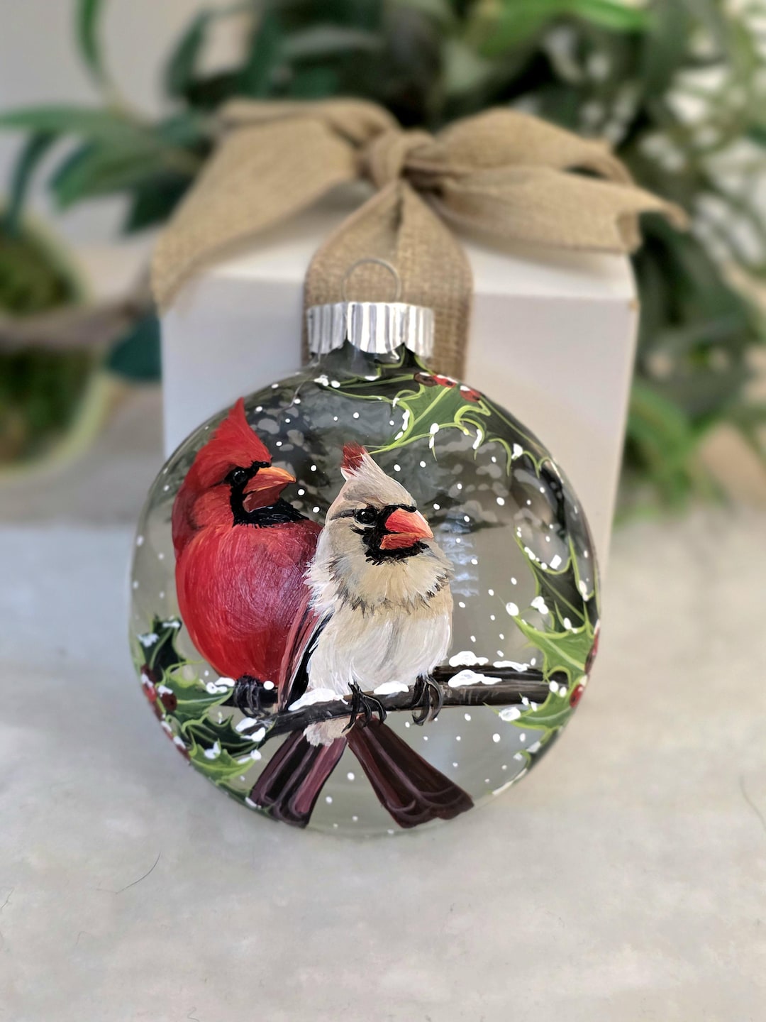 Hand Painted Christmas Ornament: Cardinal Pair on Holly, 3D Glass Disc ...