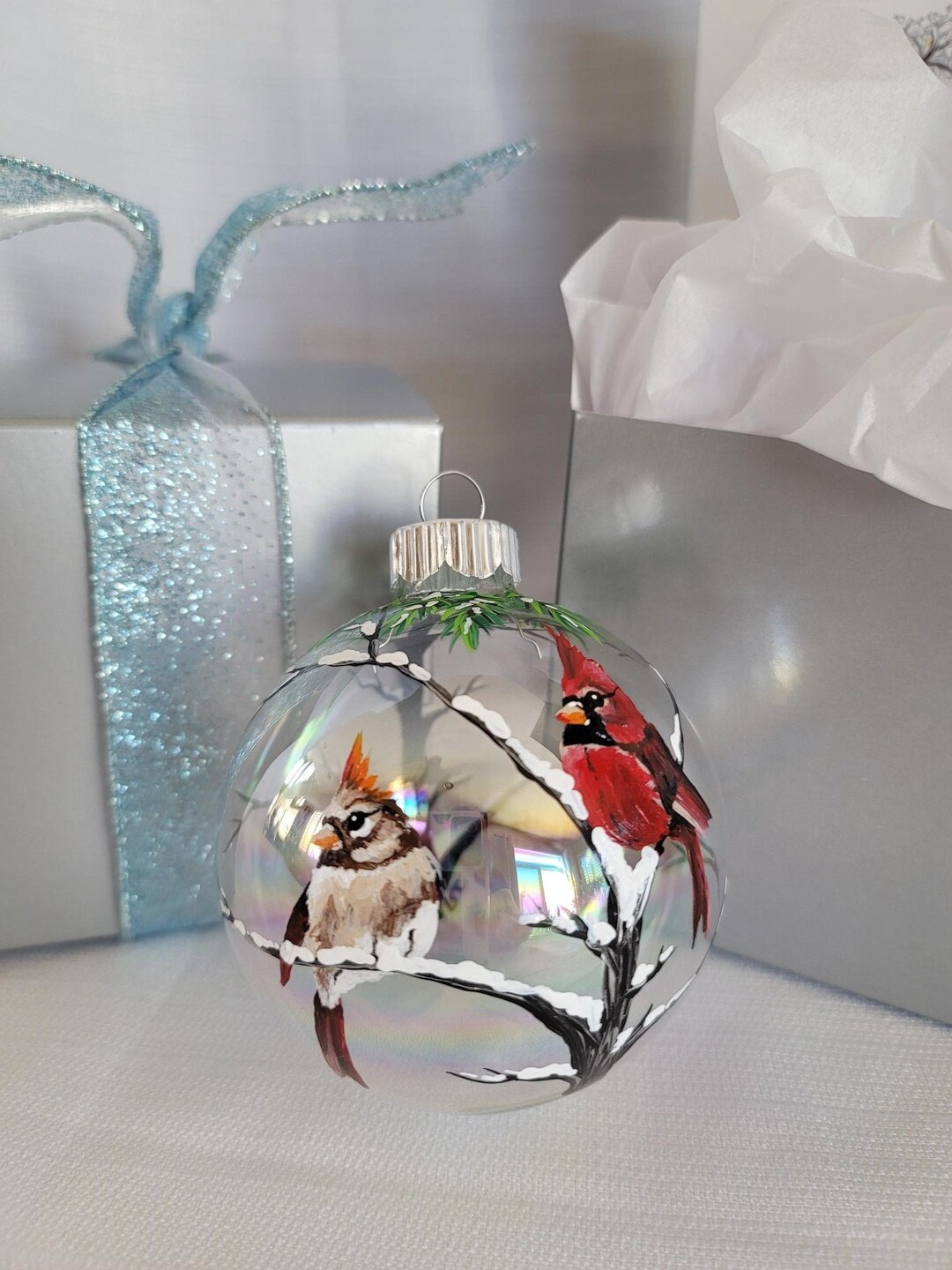 Hand Painted Christmas Ornament/red Cardinal Pair Winter Scene/unique ...