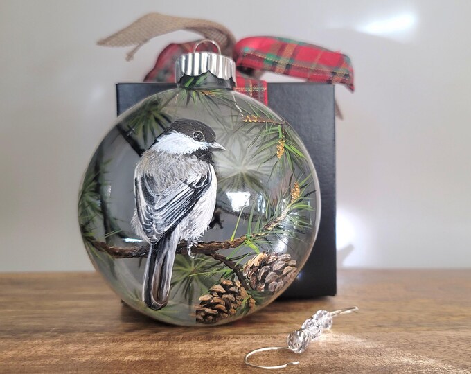 Hand Painted Christmas Ornament/chickadee in Pine Branches/3d Effect ...