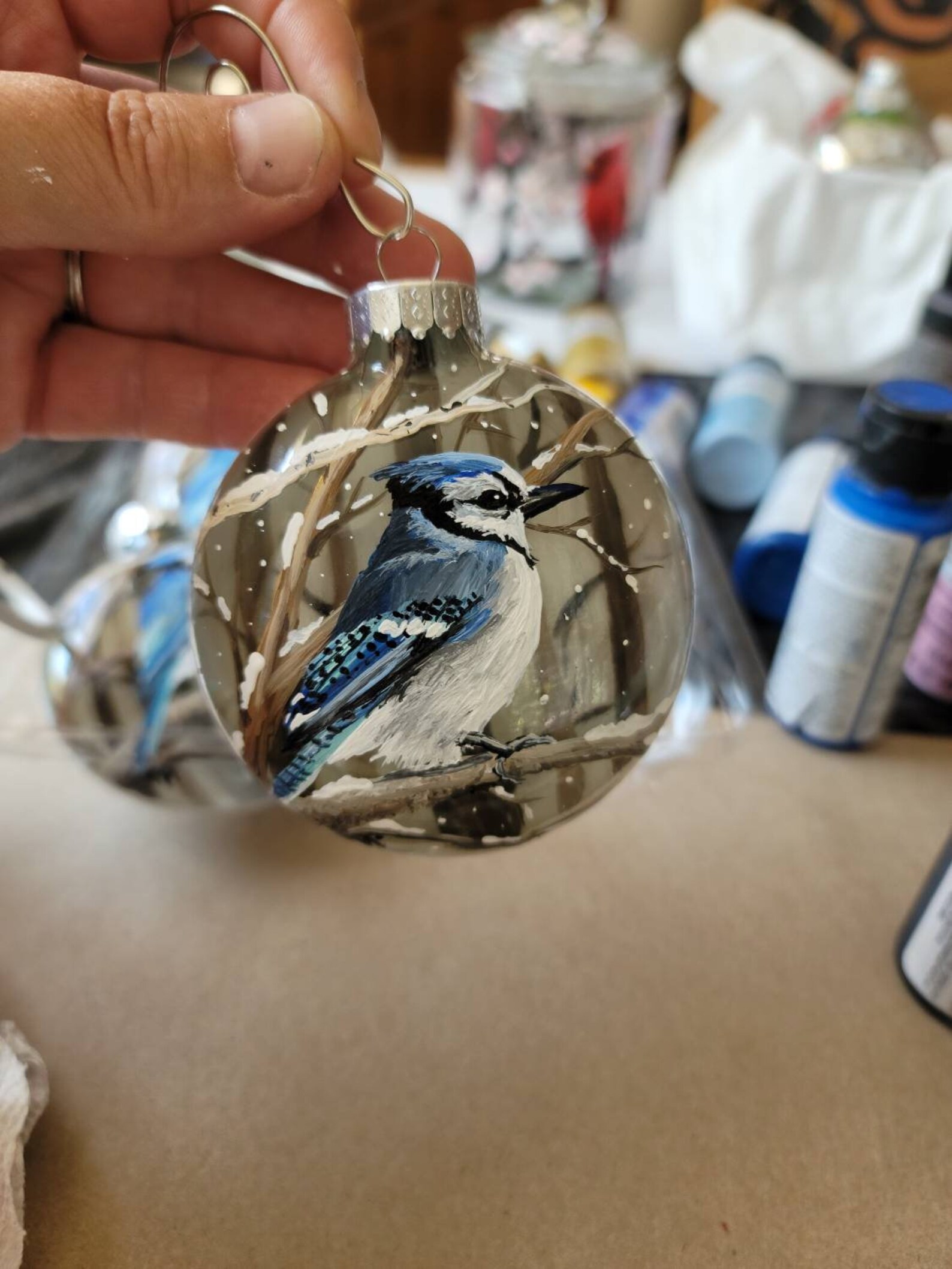 Hand Painted Blue Jay Christmas Ornament: 3D Winter Scene, Glass Disc ...