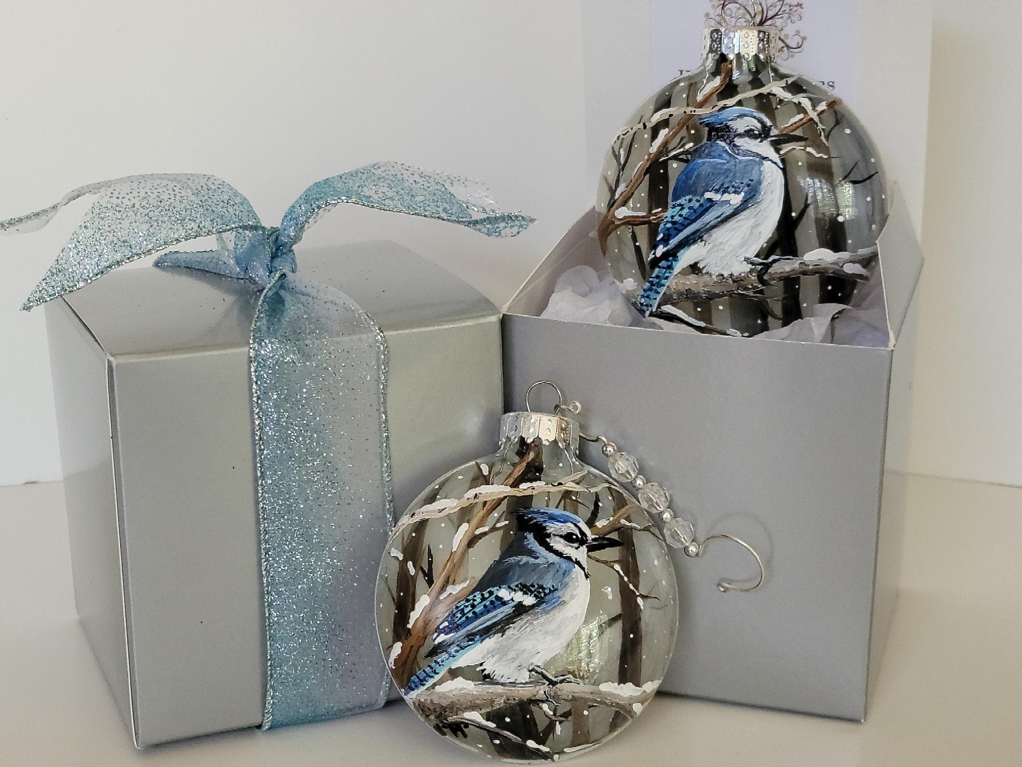 Hand Painted Blue Jay Christmas Ornament: 3D Winter Scene, Glass Disc ...
