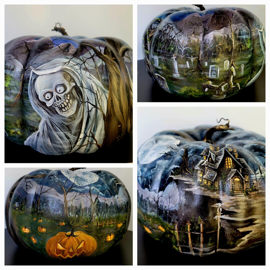 Hand Painted Faux Pumpkin/spooky Halloween Scene/unique Halloween Gift ...