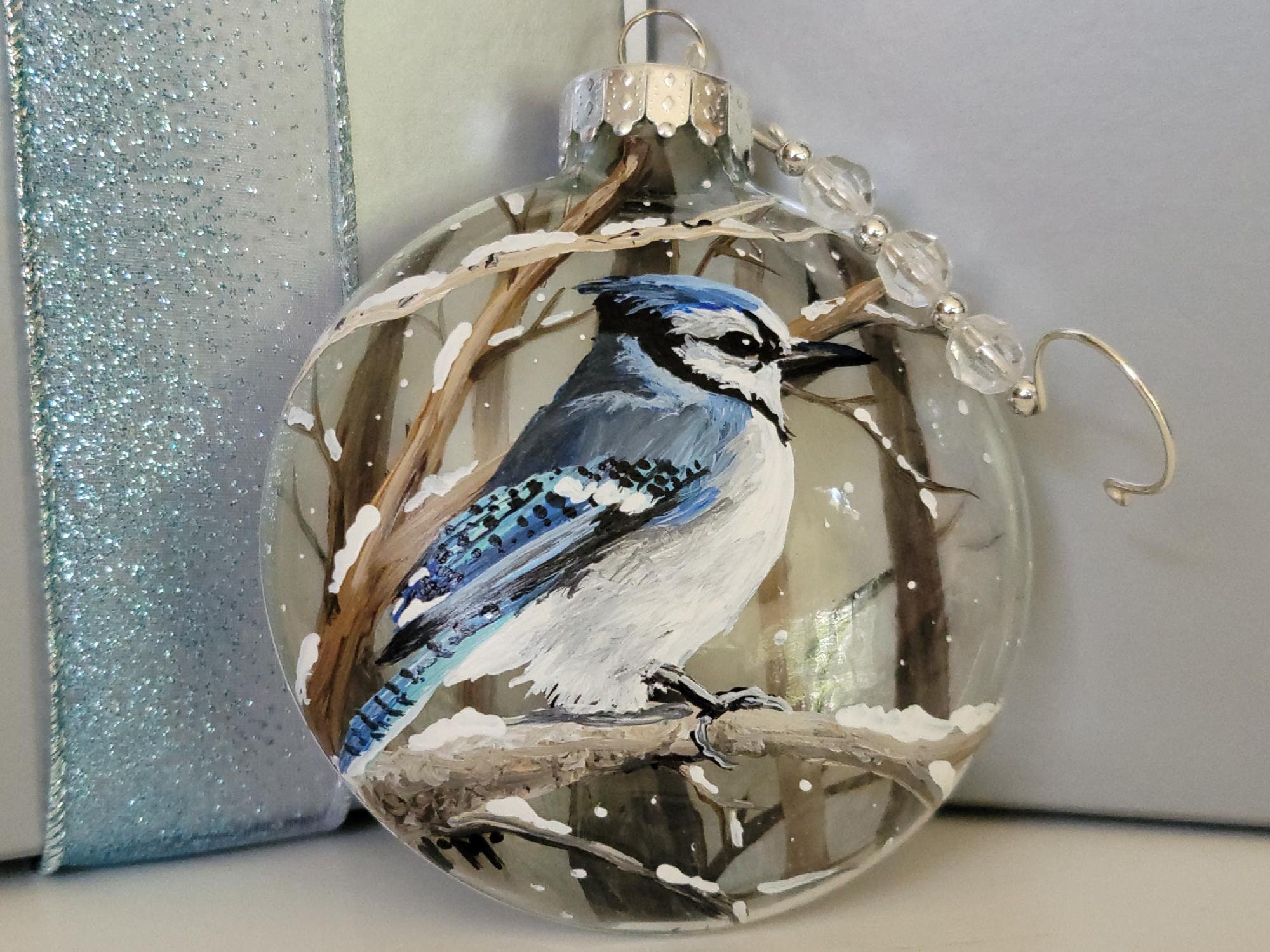 Hand Painted Blue Jay Christmas Ornament: 3D Winter Scene, Glass Disc ...