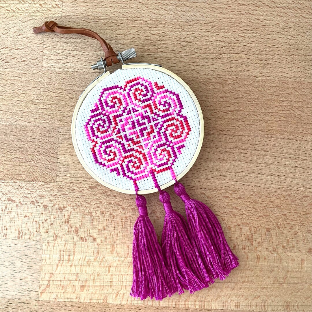 Pink Hmong Paj Ntaub Cross Stitch Embroidery Hoop With Tassels and ... Pink Hmong Paj Ntaub Cross Stitch Embroidery Hoop With Tassels and ...