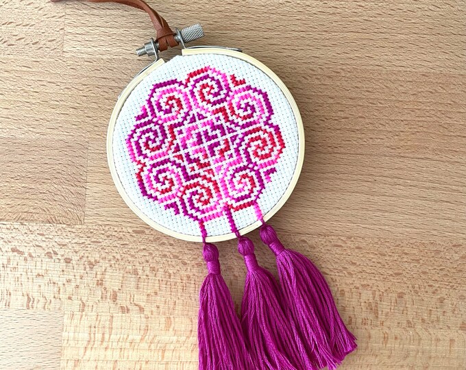 Pink Hmong Paj Ntaub Cross Stitch Embroidery Hoop With Tassels and ...