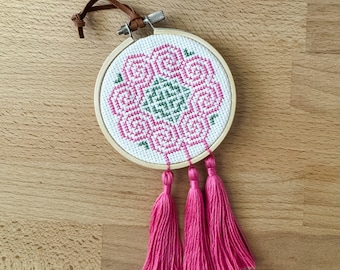 Pink Hmong Paj Ntaub Cross Stitch Embroidery Hoop With Tassels and ...