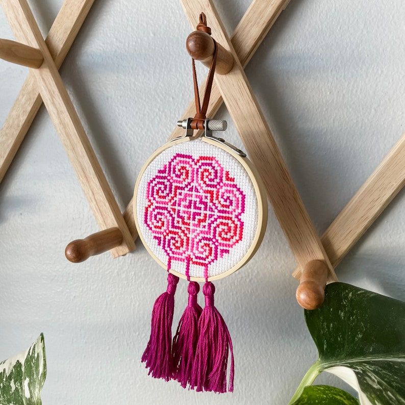 Pink Hmong Paj Ntaub Cross Stitch Embroidery Hoop With Tassels and ... Pink Hmong Paj Ntaub Cross Stitch Embroidery Hoop With Tassels and ...