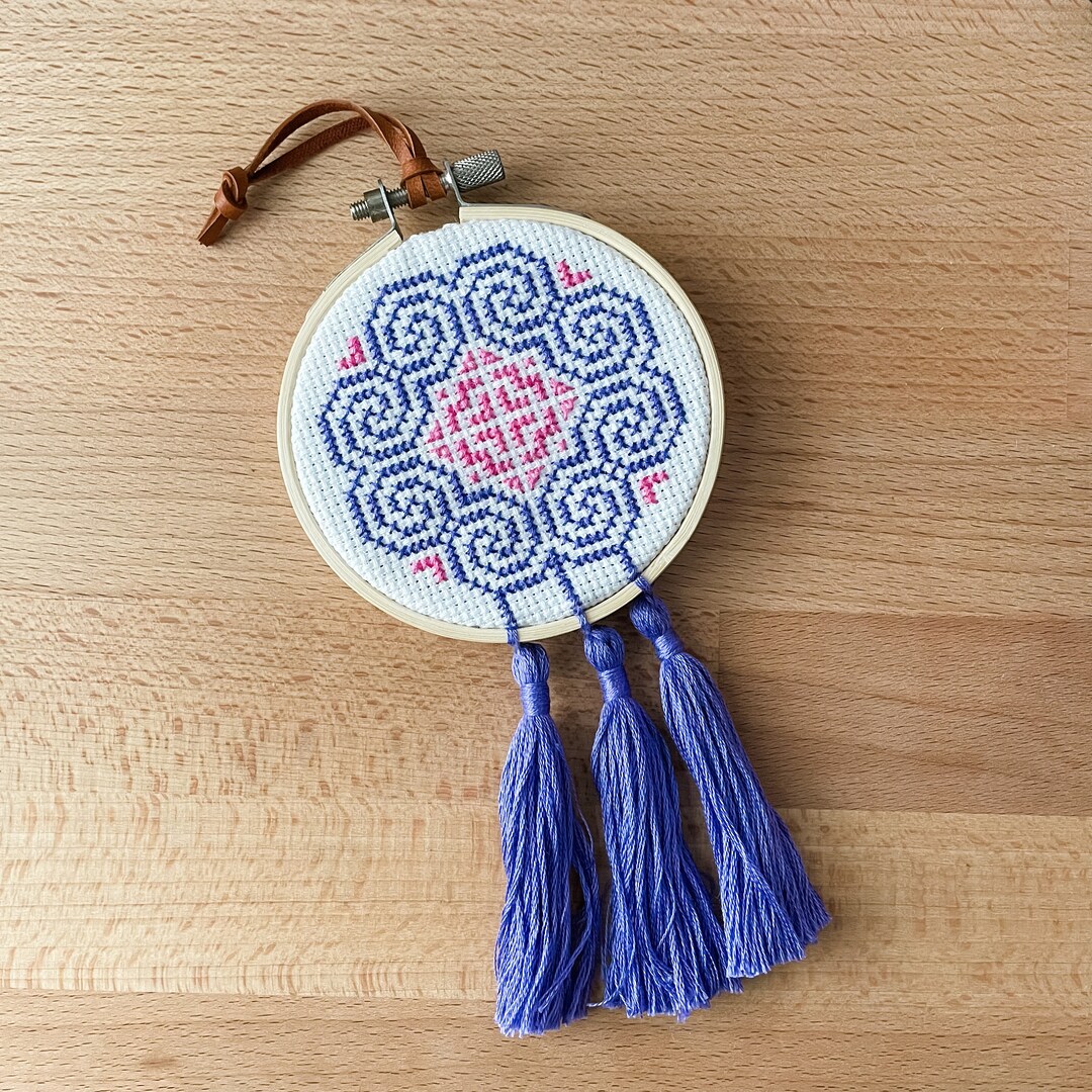 Purple Pink Hmong Paj Ntaub Cross Stitch Embroidery Hoop With Tassels ...