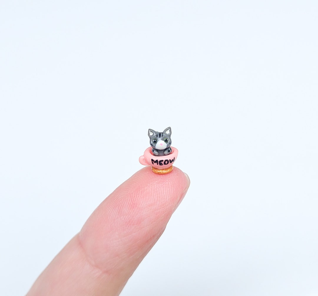 Gray Tabby Cat in a Teacup, Handmade Polymer Clay Miniature Figurine - Etsy