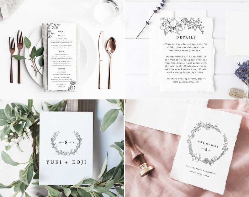 Complete Wedding Suite, Wedding Set Templates, Botanical Line Art ...