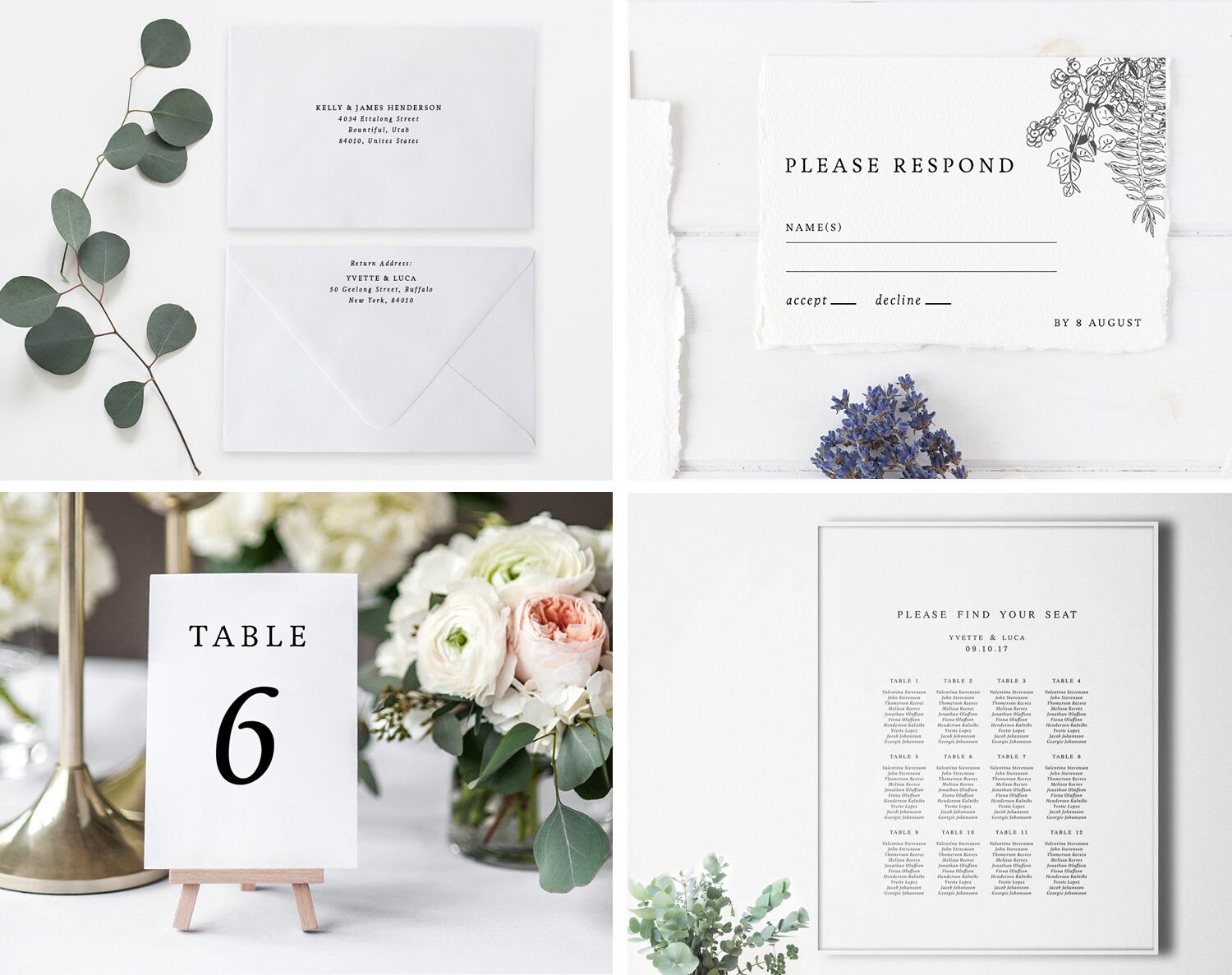 Complete Wedding Suite, Wedding Set Templates, Botanical Line Art ...