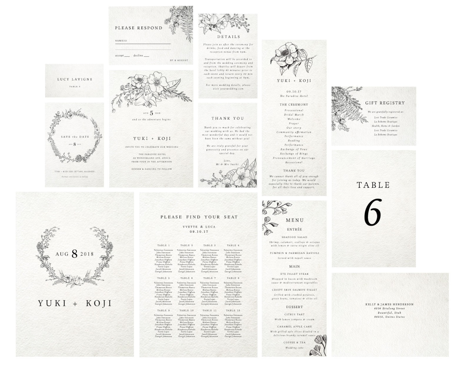 Complete Wedding Suite, Wedding Set Templates, Botanical Line Art ...