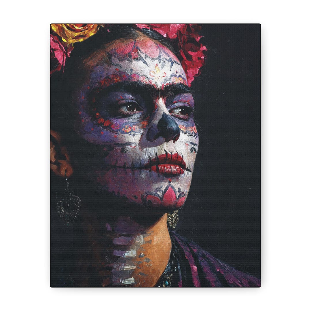 Frida Inspired Day of the Dead Canvas Stretched Bold Colorful Skull ...
