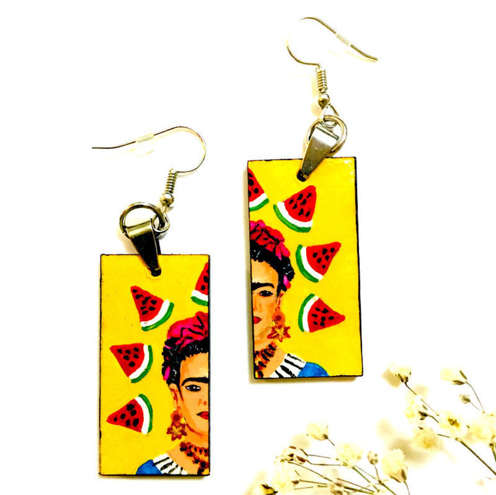 Frida Earrings Hand Painted Wooden Frida Earrings Mexican Folk - Etsy