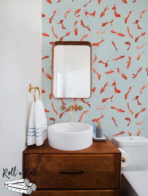 Koi Fish Wallpaper, Red Fish Print, Japanese Wall Paper, Blue Sea Theme ...