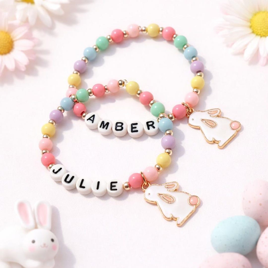 Personalized Easter Kids Bracelet: Bunny Charm, Egg Hunt Stuffer - Etsy
