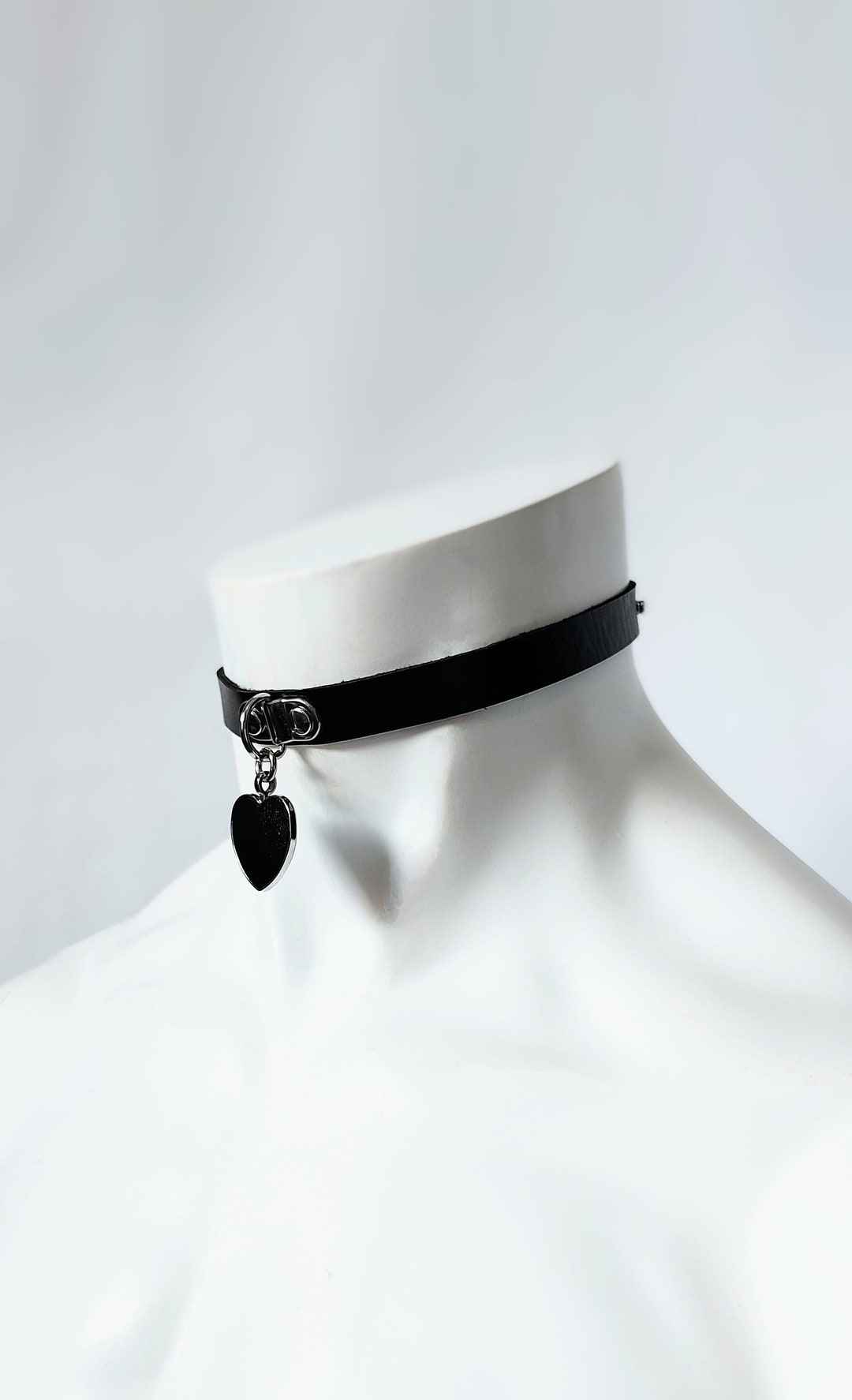 Faux Black Leather Heart Pendant Choker, PU Choker With Silver D-ring ...