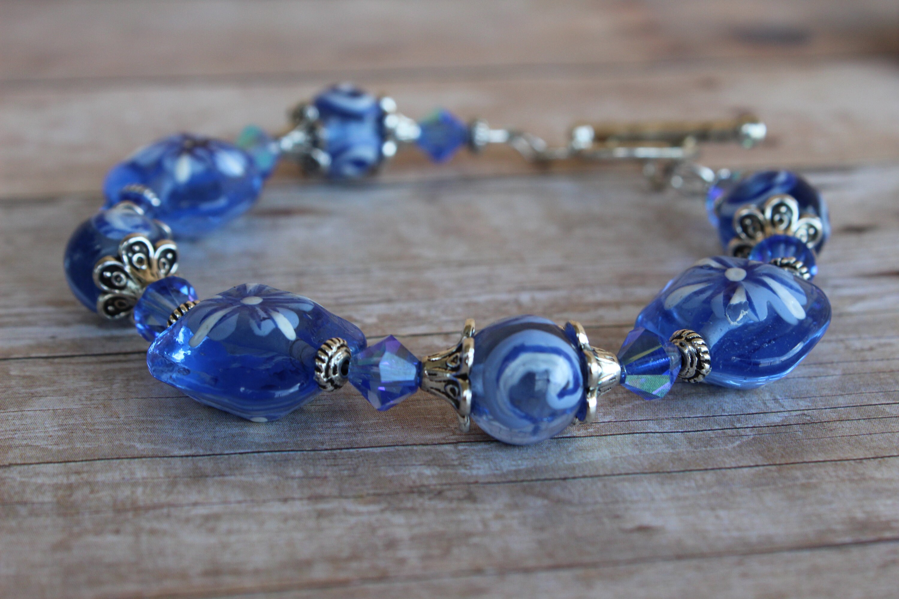 Painted Blue Flower Bracelet, Floral Glass Beaded Jewelry, Gifts for ...