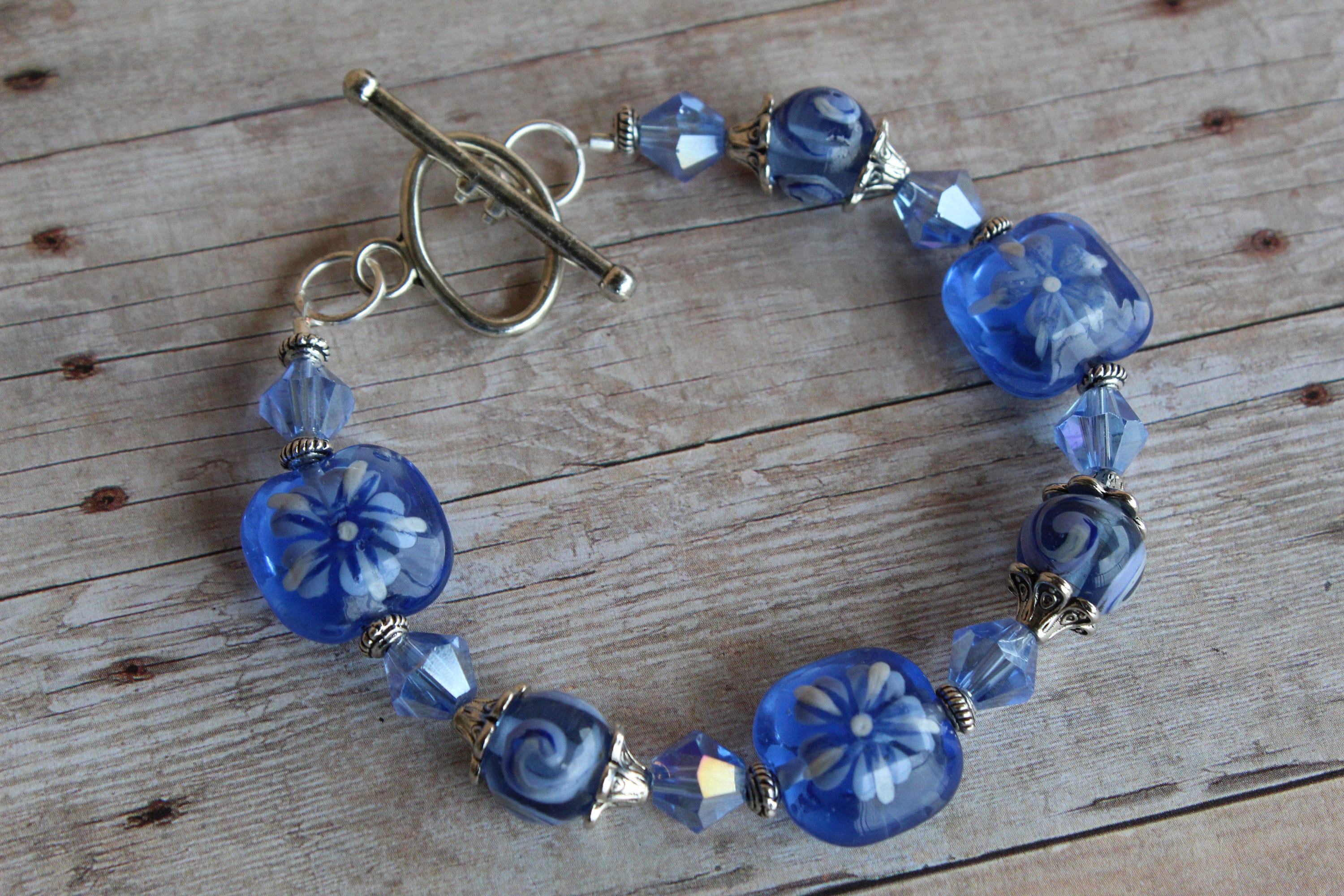 Blue Floral Bracelet, Blue and Silver Flower Jewelry, Modern Country ...