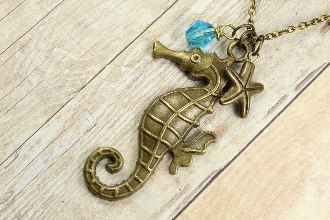 Bronze Seahorse Necklace, Sea Life Jewelry, Large Ocean Pendant, Marine ...