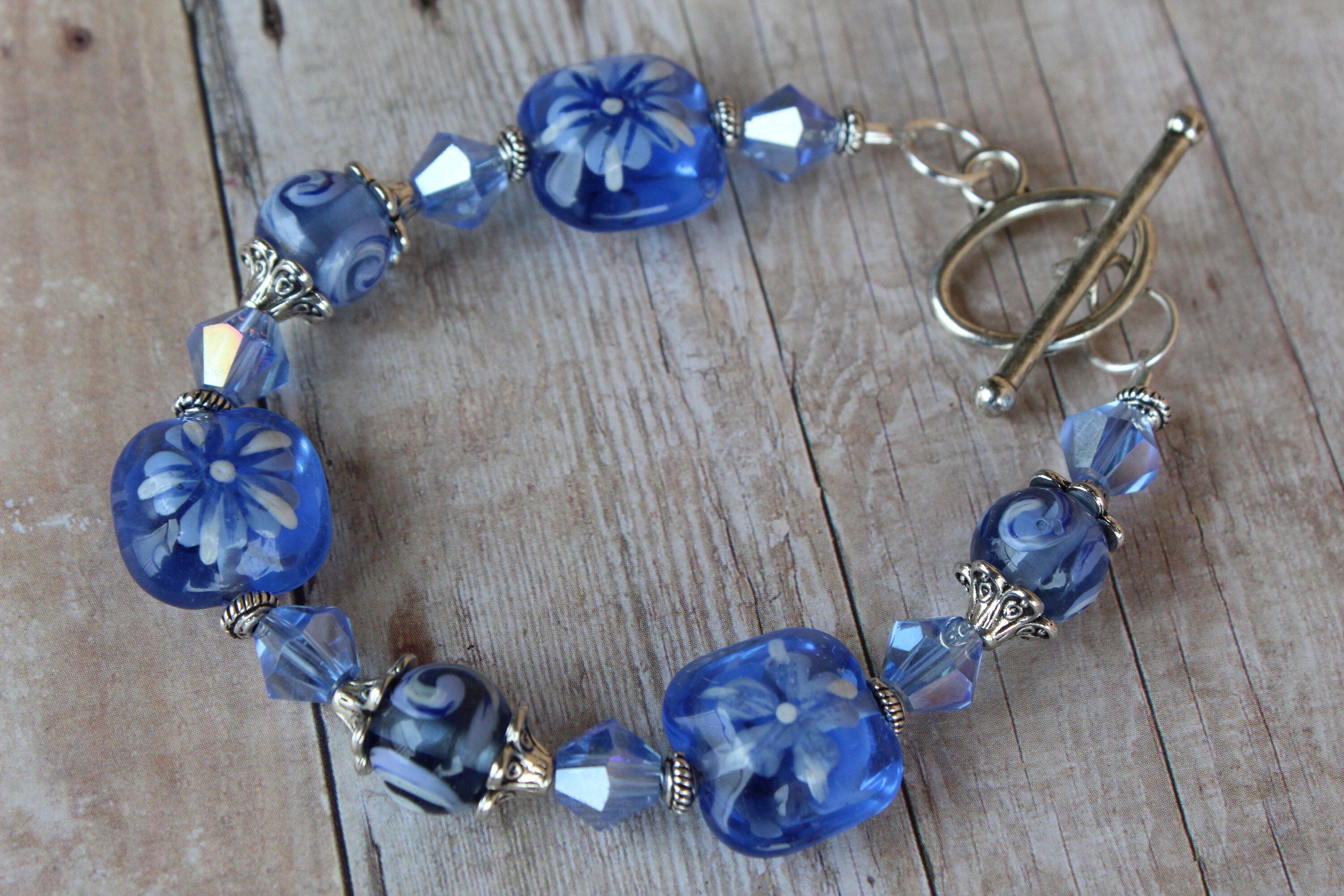 Blue Floral Bracelet, Blue and Silver Flower Jewelry, Modern Country ...