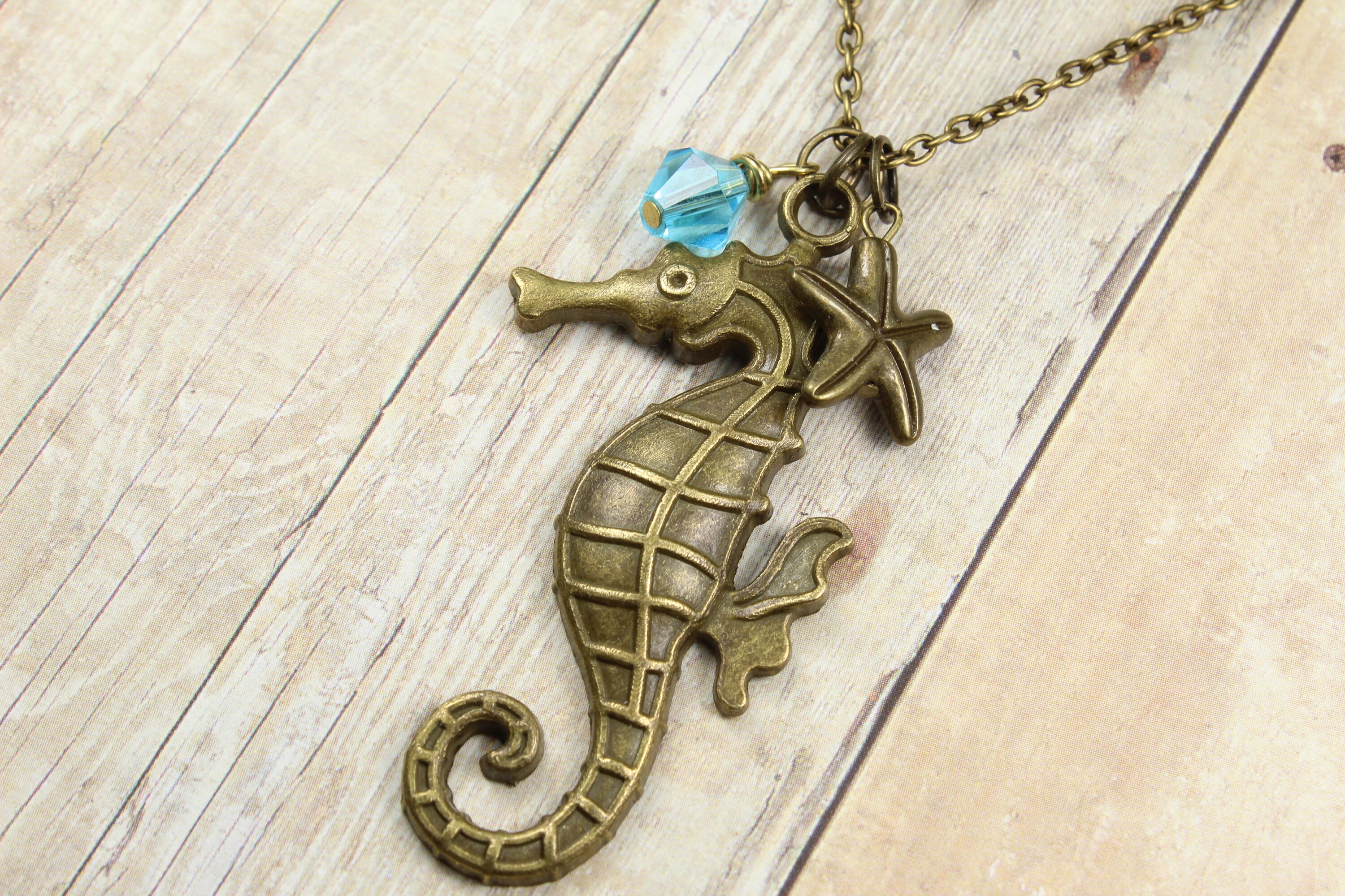 Bronze Seahorse Necklace, Sea Life Jewelry, Large Ocean Pendant, Marine ...