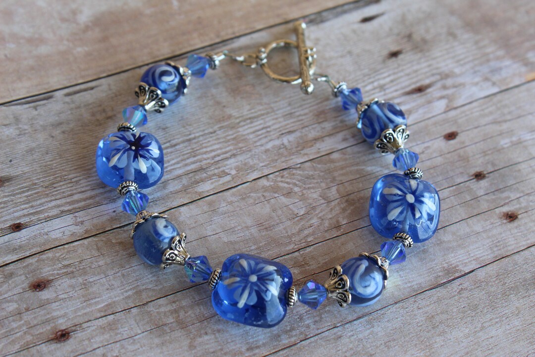 Painted Blue Flower Bracelet, Floral Glass Beaded Jewelry, Gifts for ...