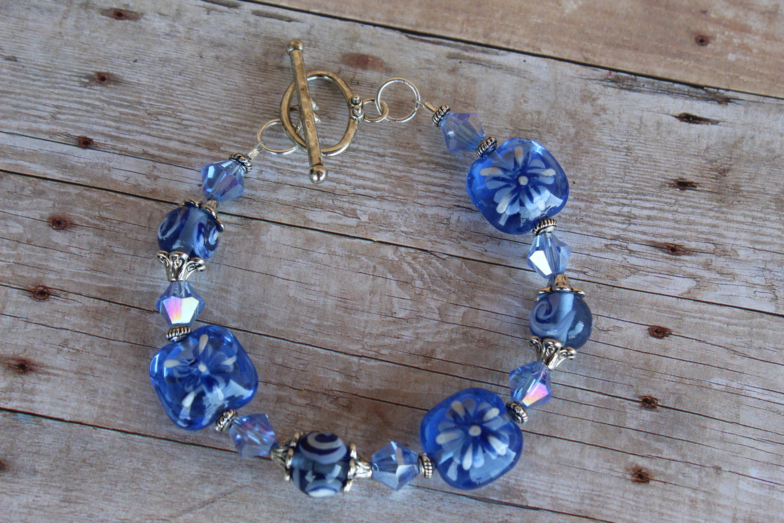 Blue Floral Bracelet Blue and Silver Flower Jewelry Modern - Etsy