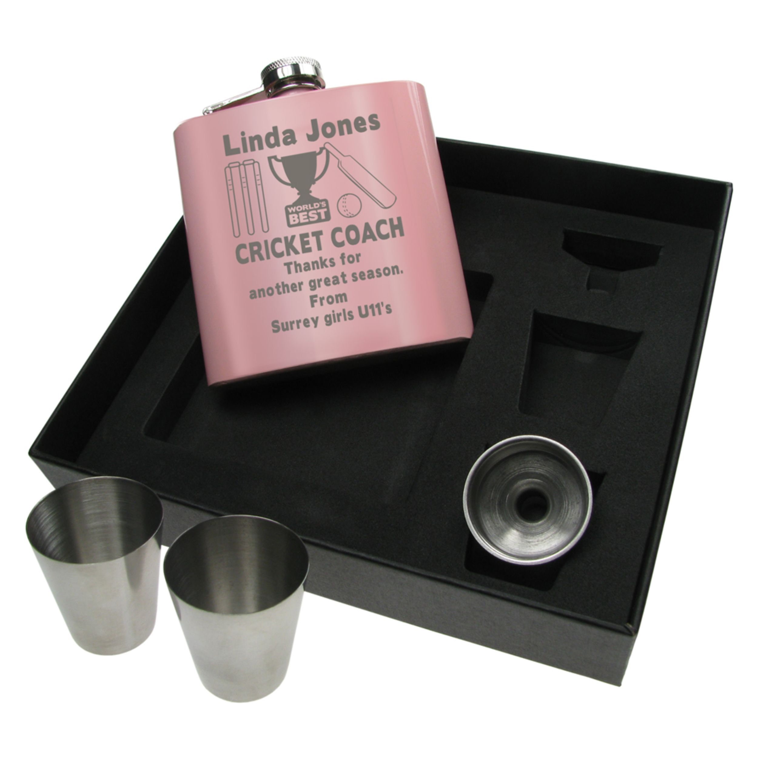 World's Best Female Cricket Coach Personalised Pink Hip Flask Gift Set ...